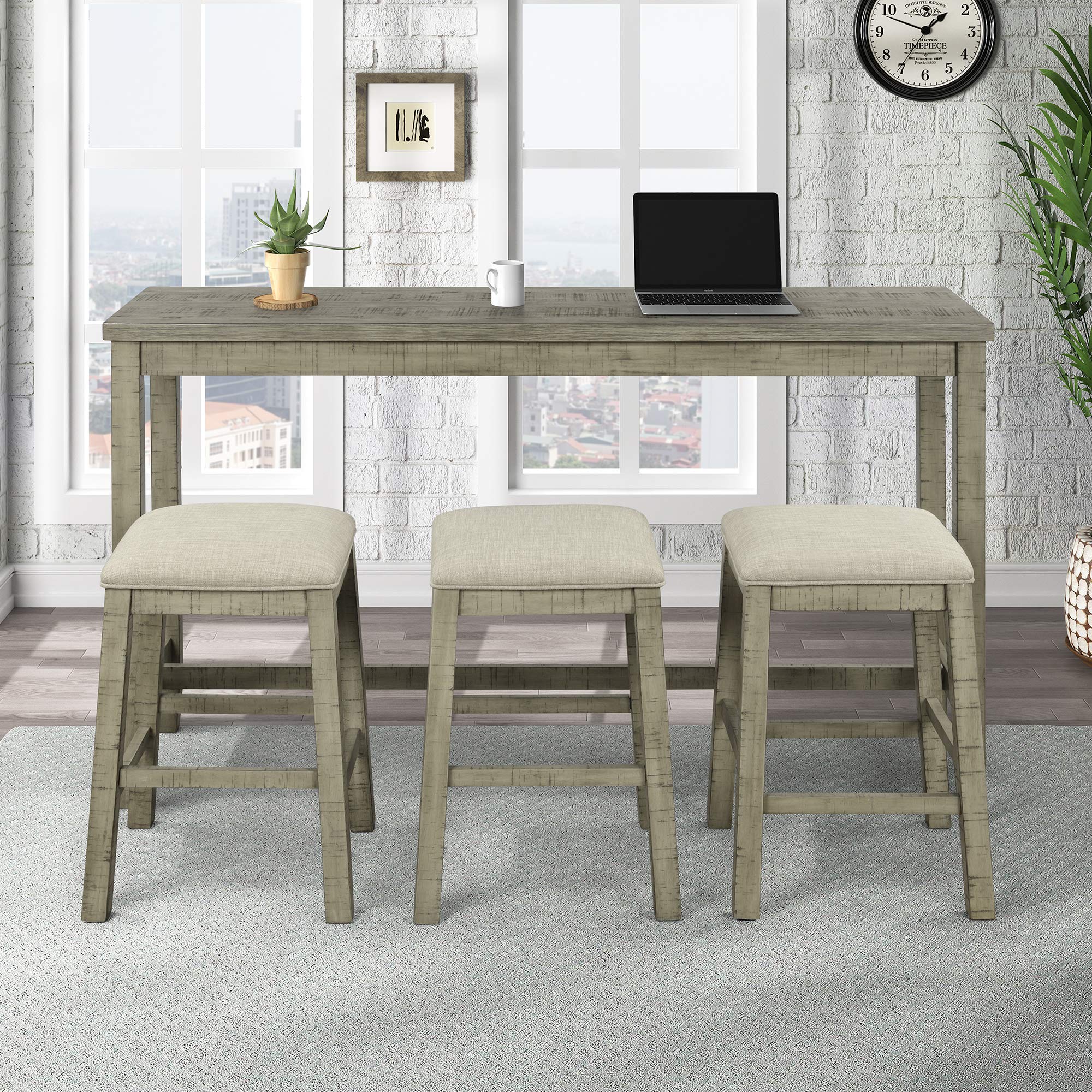 Merax 4-Piece Counter Height Bar Table Set with Socket and Fabric Padded Stools, Rustic Bar Dining Set, Gray Green