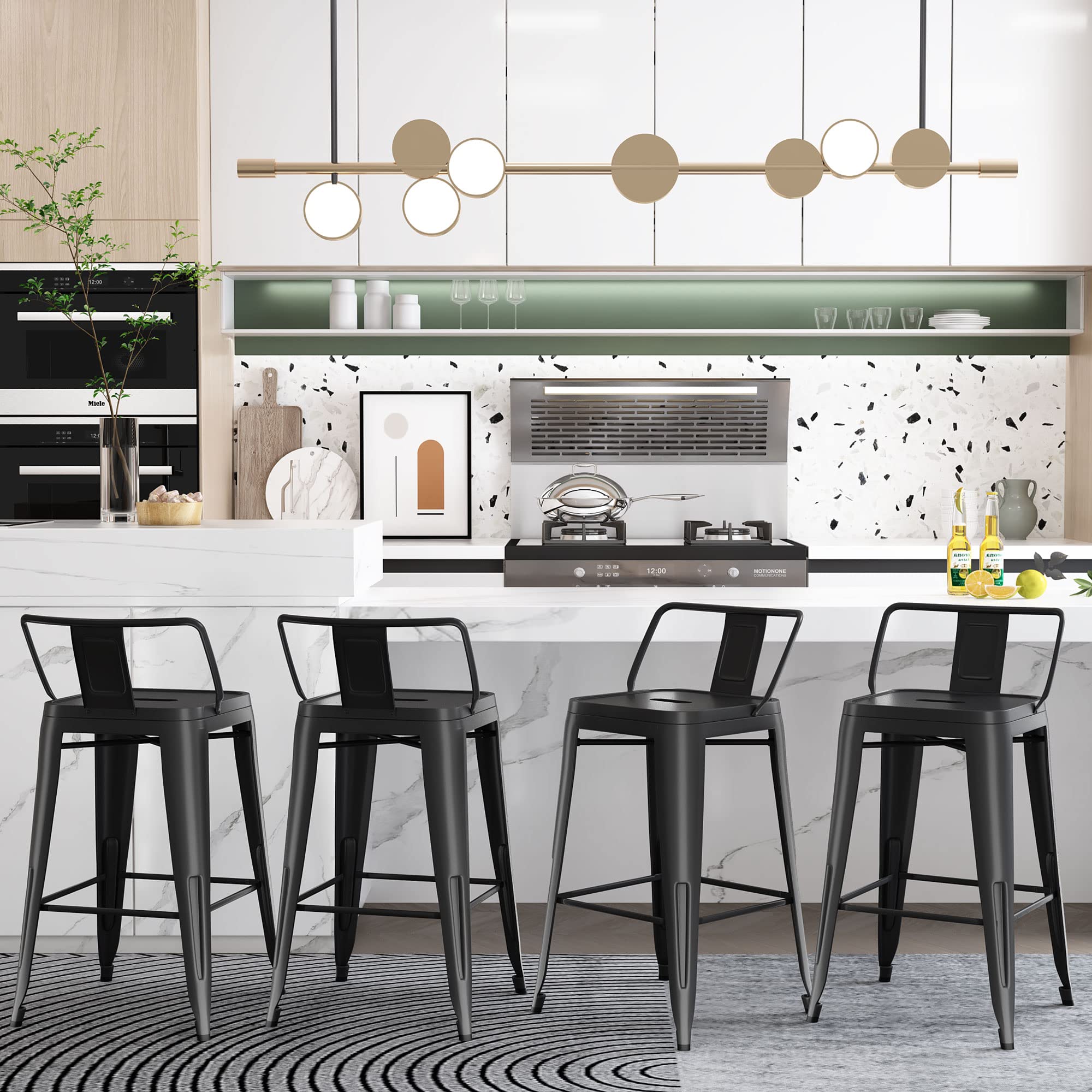 Andeworld Bar Stools Set of 4 Counter Height Stools Industrial Metal Barstools with Backrests (24 inch, Black)