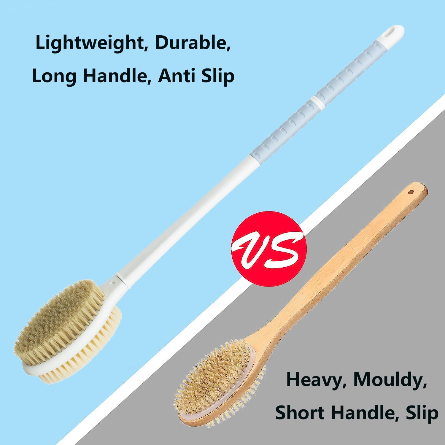 Arswin Shower Brush with Soft and Stiff Bristles,Back Scrubber 20.5" Extra Long Anti-Slip Handle Dual-Sided Bath Brush Body Exfoliator for Wet or Dry Brushing