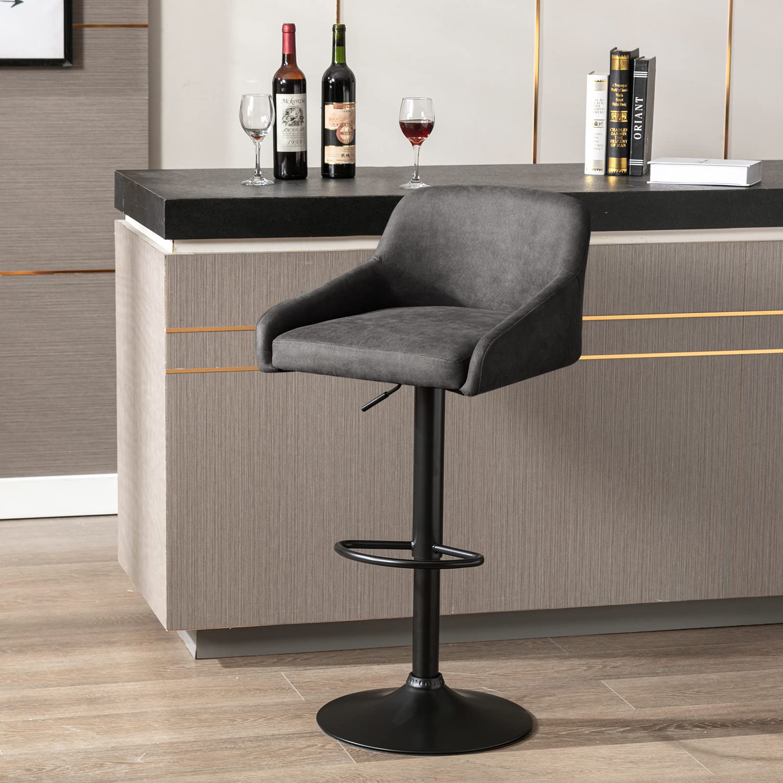 Fefances Bar Stools Counter Height Bar Stool Faux PU Swivel Bar Stools Height Adjustable with Black Metal Base Dark Gray
