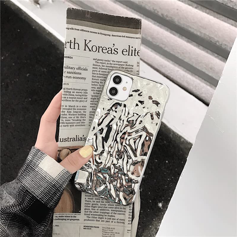 Yebowe Compatible with iPhone 12 Mini Case, Cute 3D Tin Foil Pleated Luxury Phone Cover for Women Girls Cool Bling Designer Soft Slim Case for iPhone 12 Mini Silver