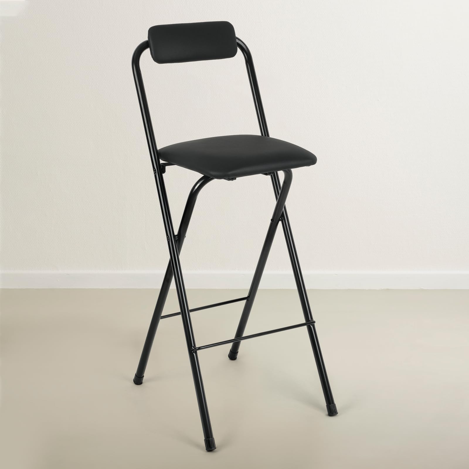 Thyle 1 Pcs Folding Bar Stool with Backrest, Tall Foldable Stool Chair Portable High Folding Bar Chair Counter Height Seat Leather Padded for Kitchen Island Shop Cafe Dining Room Black (27.5 Inch)