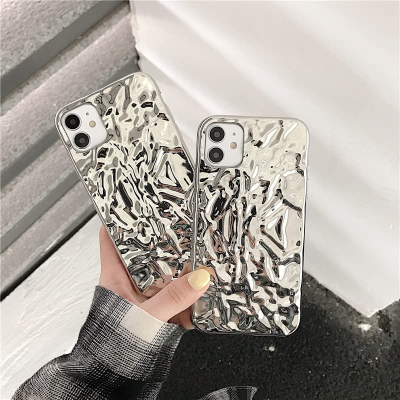 Yebowe Compatible with iPhone 12 Mini Case, Cute 3D Tin Foil Pleated Luxury Phone Cover for Women Girls Cool Bling Designer Soft Slim Case for iPhone 12 Mini Silver
