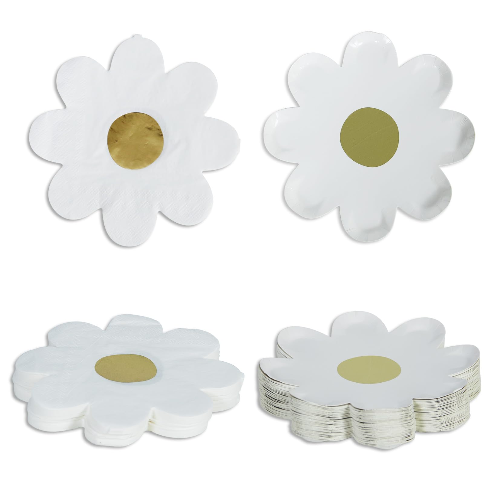 80Pcs Daisy Plates and Napkins, 7inch Paper Flower Shape Gold Foil Dishware Set Disposable Dessert Tableware for Daisy Party Decorations Daisy Baby Shower