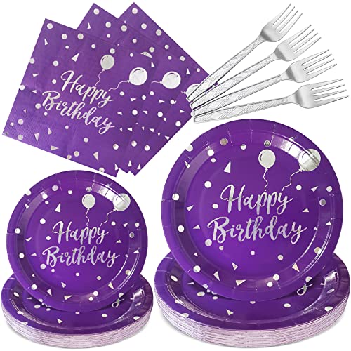 Purple Birthday Supplies,Silver Birthday Plates and Napkins,Serves 25 Guests Purple Paper Plates Napkins Sets for Girl Women Birthday Party Decoration(100 PCS)