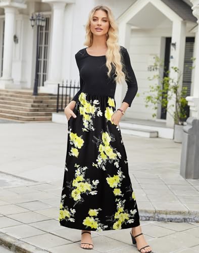 Supnier Women's 3/4 Sleeve Dresses Long Ladies Floral Maxi Dress with Pockets (P5, Small)