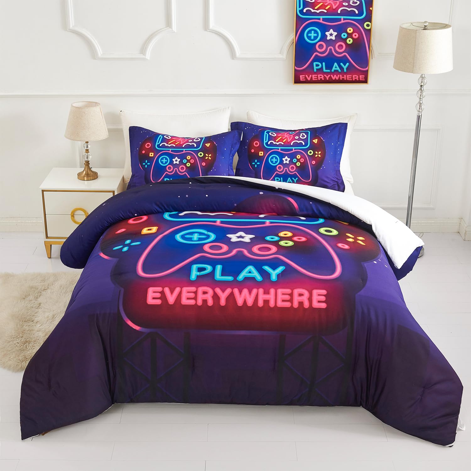 Koniroom Gaming Comforter Set Full/Queen Size, Gamer Bedding Sets for Kids Teen Boys with Play Everywhere Game Contoller Themed Printing, Reversible Comforter 3 Pieces with 2 Pillow Shams