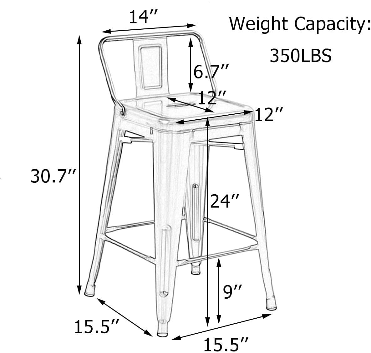 Andeworld Bar Stools Set of 4 Counter Height Stools Industrial Metal Barstools with Backrests (24 inch, Black)