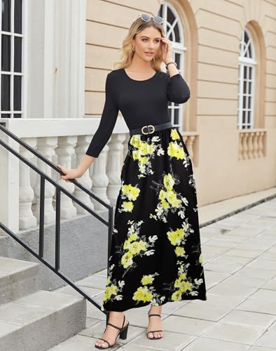 Supnier Women's 3/4 Sleeve Dresses Long Ladies Floral Maxi Dress with Pockets (P5, Small)