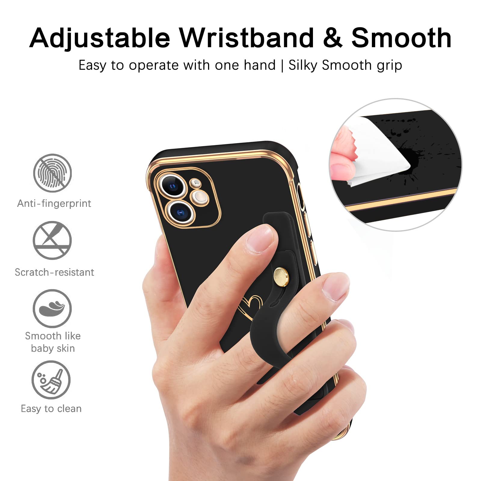 BENTOBEN for iPhone 12 Mini Case, Cute Heart Adjustable Strap Wristband Kickstand Holder Shockproof Protective Soft TPU Luxury Plating Raised Trim Girls Women Phone Case for iPhone 12 Mini, Black