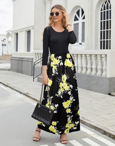 Supnier Women's 3/4 Sleeve Dresses Long Ladies Floral Maxi Dress with Pockets (P5, Small)