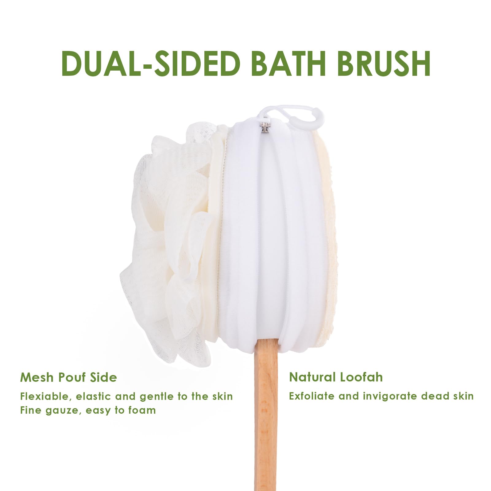 Shower Body Scrubber with Curved Long Handle, Dual-Sided Brush with Soft Mesh and Natural Loofah for Skin Exfoliating, Back Body Exfoliator for Bath