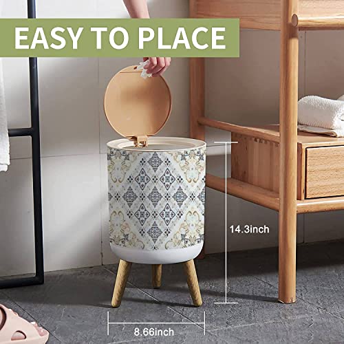 Small Trash Can with Lid Seamless Based on Ornament Paisley Bandana Print Vintage Style Silk Wood Legs Press Cover Garbage Bin Round Waste Bin Wastebasket for Kitchen Bathroom Office 7L/1.8 Gallon