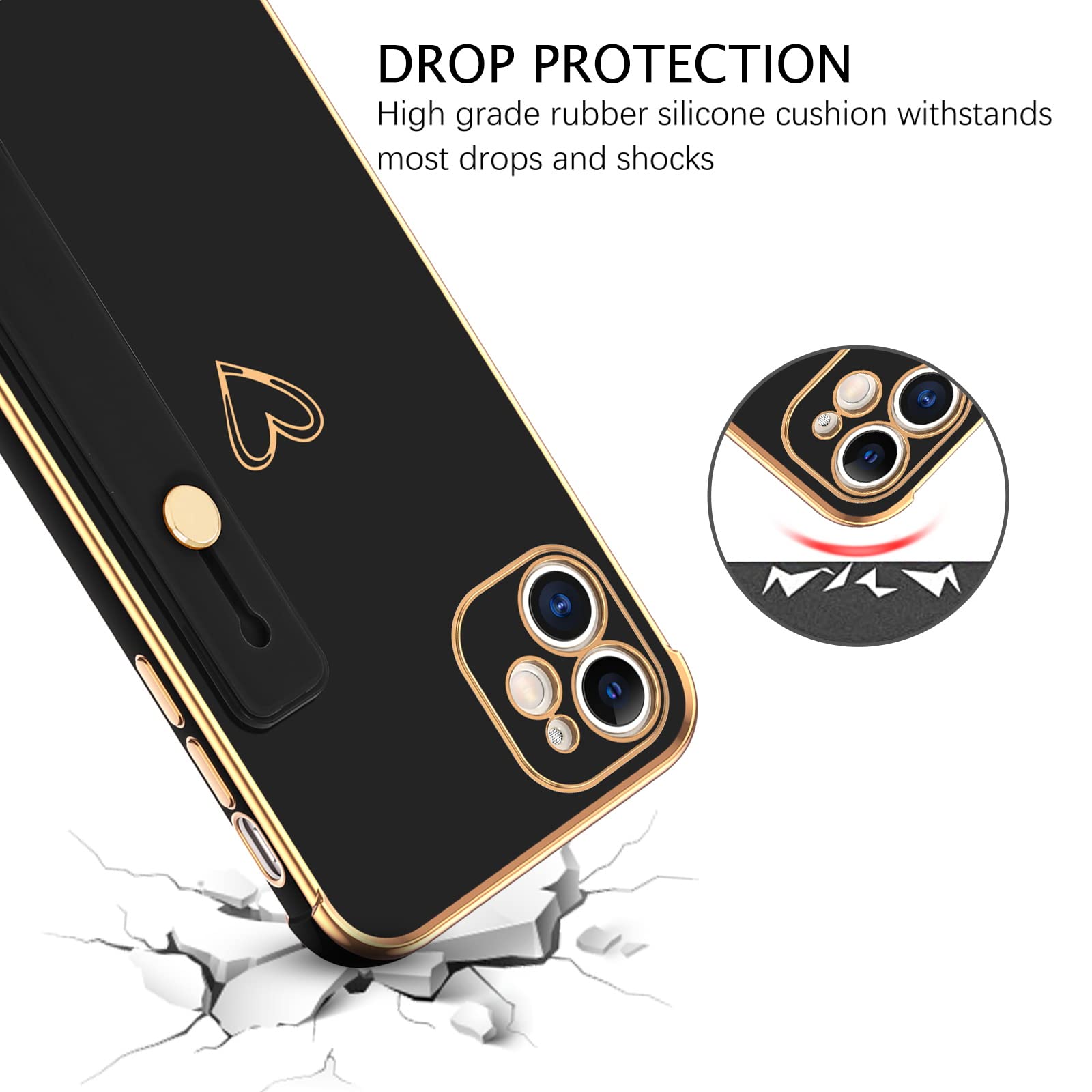 BENTOBEN for iPhone 12 Mini Case, Cute Heart Adjustable Strap Wristband Kickstand Holder Shockproof Protective Soft TPU Luxury Plating Raised Trim Girls Women Phone Case for iPhone 12 Mini, Black