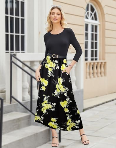 Supnier Women's 3/4 Sleeve Dresses Long Ladies Floral Maxi Dress with Pockets (P5, Small)