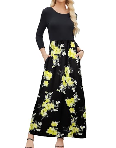 Supnier Women's 3/4 Sleeve Dresses Long Ladies Floral Maxi Dress with Pockets (P5, Small)