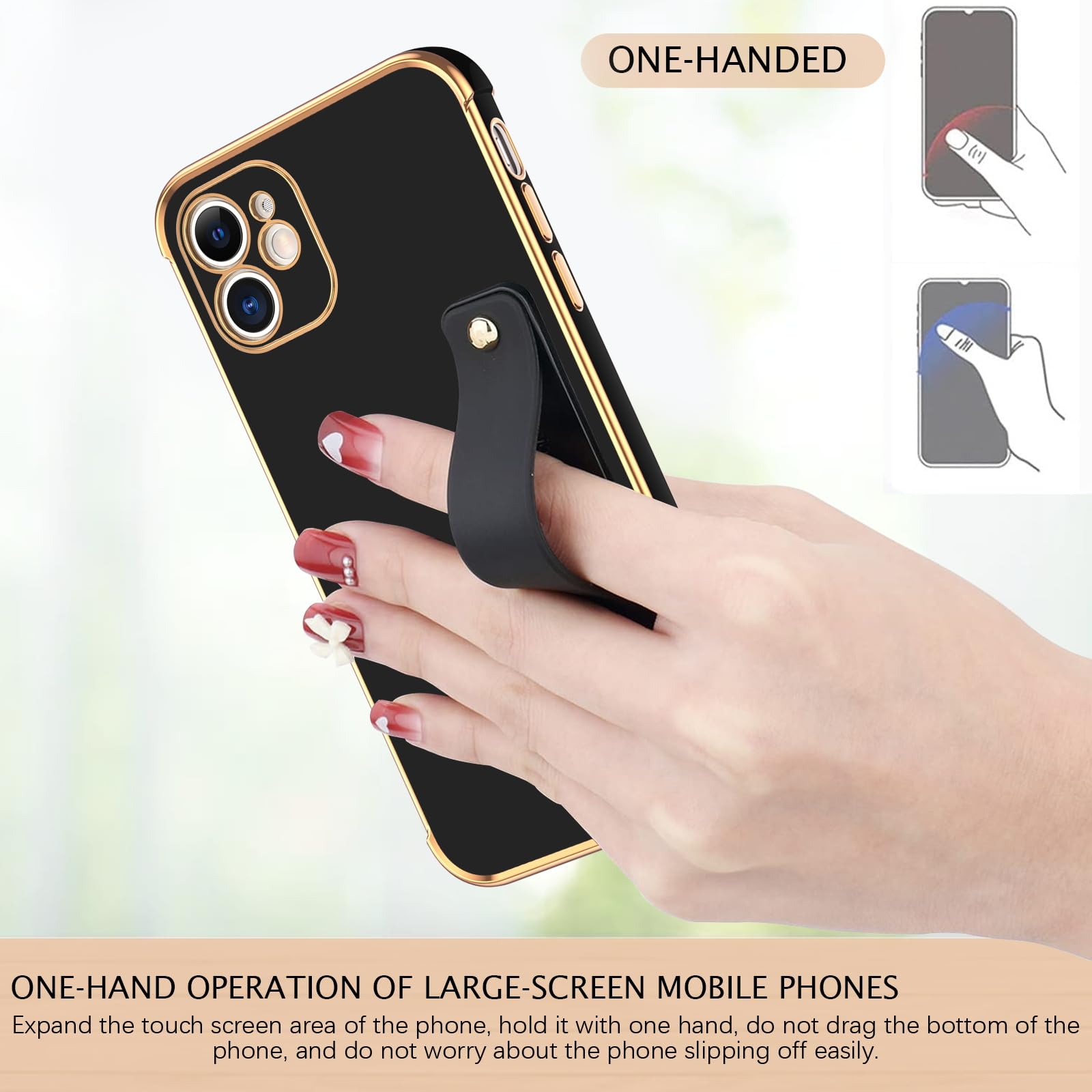 BENTOBEN for iPhone 12 Mini Case, Cute Heart Adjustable Strap Wristband Kickstand Holder Shockproof Protective Soft TPU Luxury Plating Raised Trim Girls Women Phone Case for iPhone 12 Mini, Black