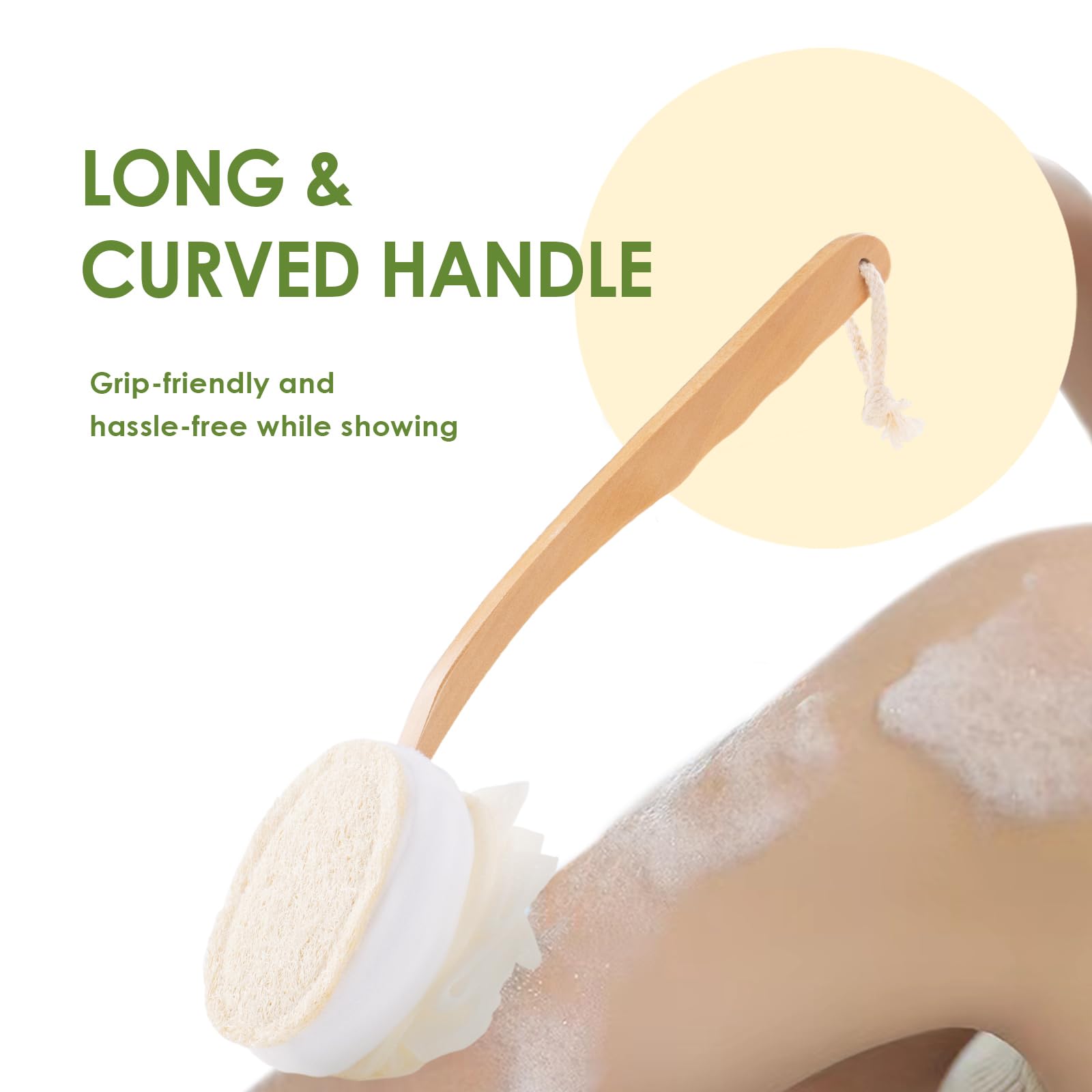 Shower Body Scrubber with Curved Long Handle, Dual-Sided Brush with Soft Mesh and Natural Loofah for Skin Exfoliating, Back Body Exfoliator for Bath