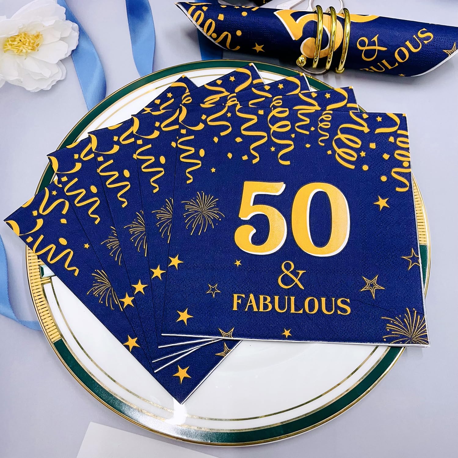 32PCS50th Birthday Happy Napkin 50th Anniversary Wedding Commemorative Napkin Blue 50th Birthday Table Decoration Party Supplies Blue Cocktail Napkin