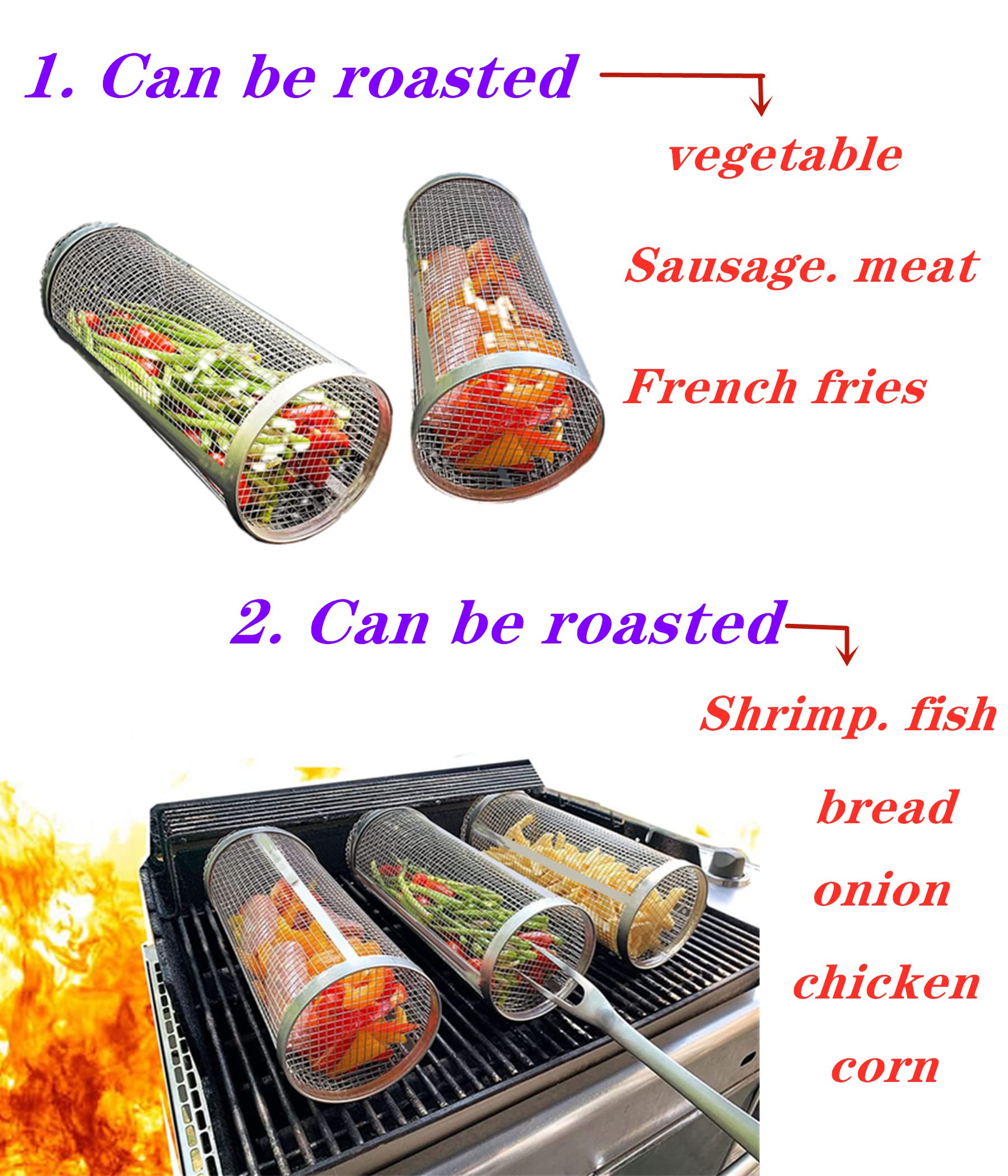 Ruggedized Rolling Grilling Basket-Round Stainless Steel BBQ Grill Mesh-Outdoor Portable Grill Baskets-cylindrical grilling baskets cylinders cylinders-Net Tube Barbecue Cage Picnic Grate Dragon(2PCS)