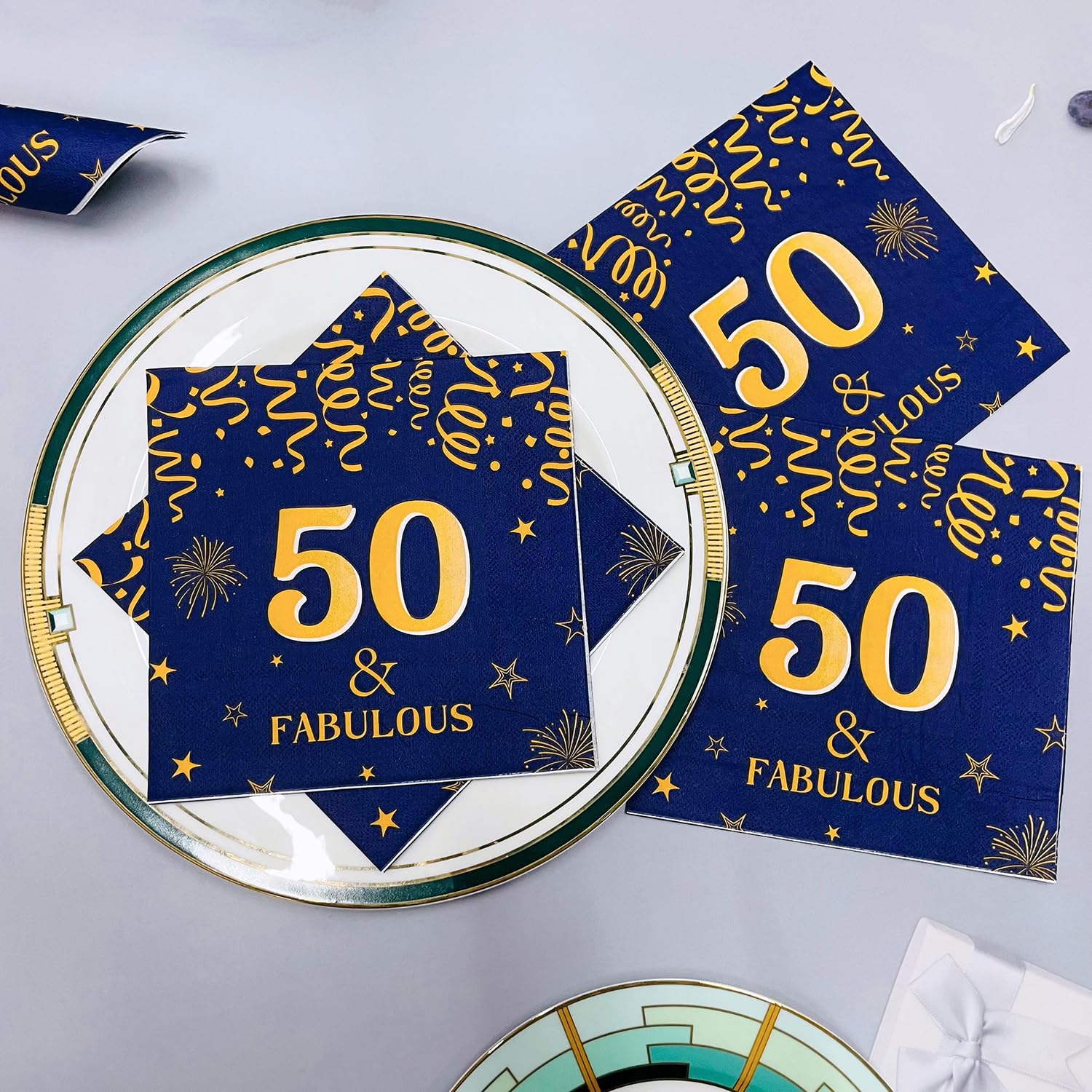 32PCS50th Birthday Happy Napkin 50th Anniversary Wedding Commemorative Napkin Blue 50th Birthday Table Decoration Party Supplies Blue Cocktail Napkin
