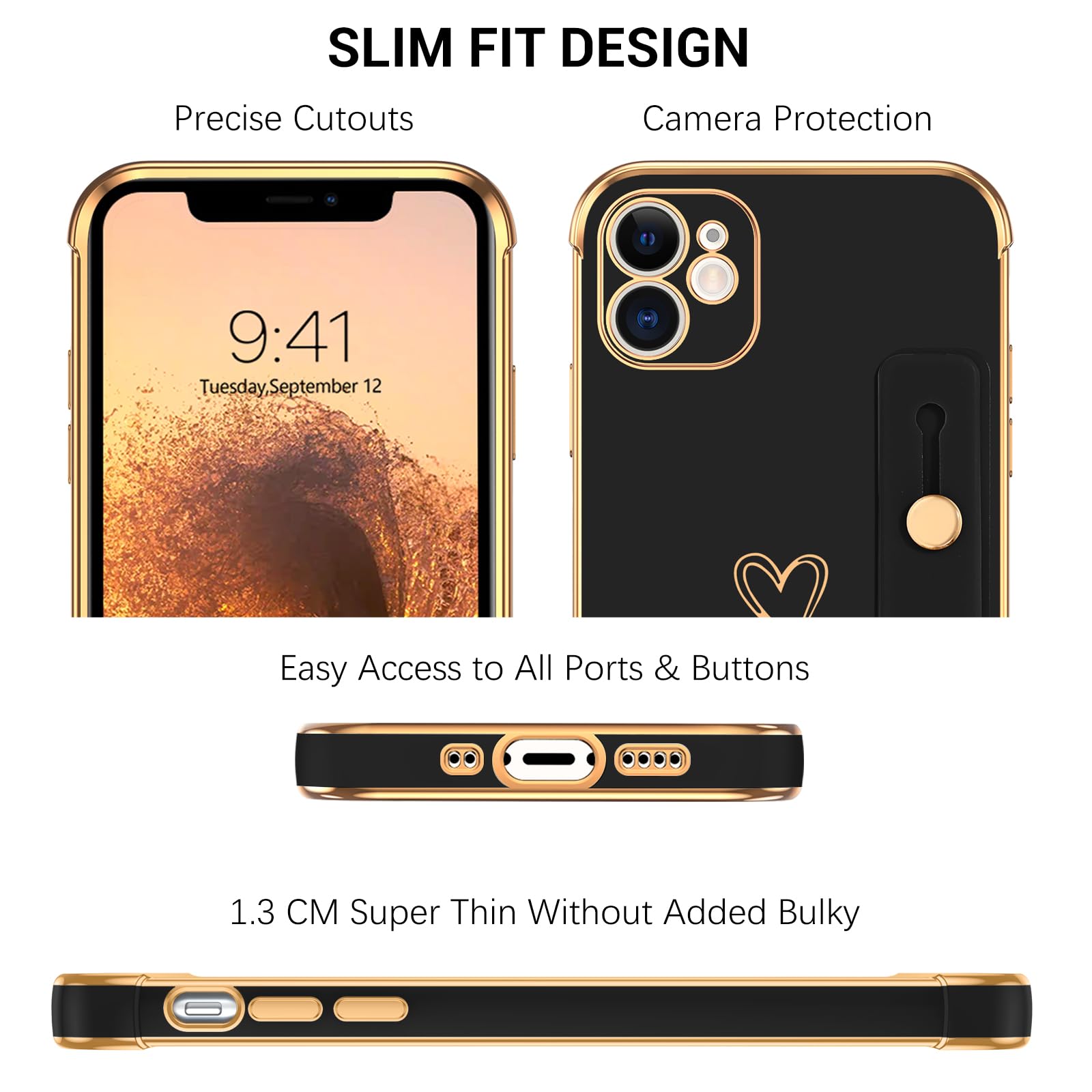BENTOBEN for iPhone 12 Mini Case, Cute Heart Adjustable Strap Wristband Kickstand Holder Shockproof Protective Soft TPU Luxury Plating Raised Trim Girls Women Phone Case for iPhone 12 Mini, Black