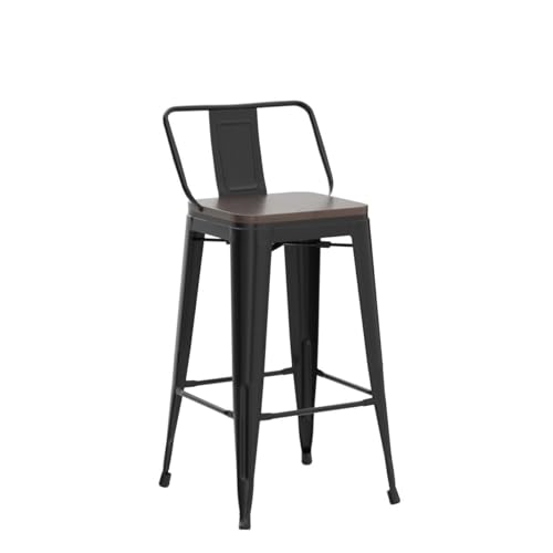 Yaheetech 24'' Metal Bar Stool 4PCS Low Back Conuter Stools for Indoor/Outdoor Barstools w/Wooden Seat Metal Leg Industrial Counter Height Black