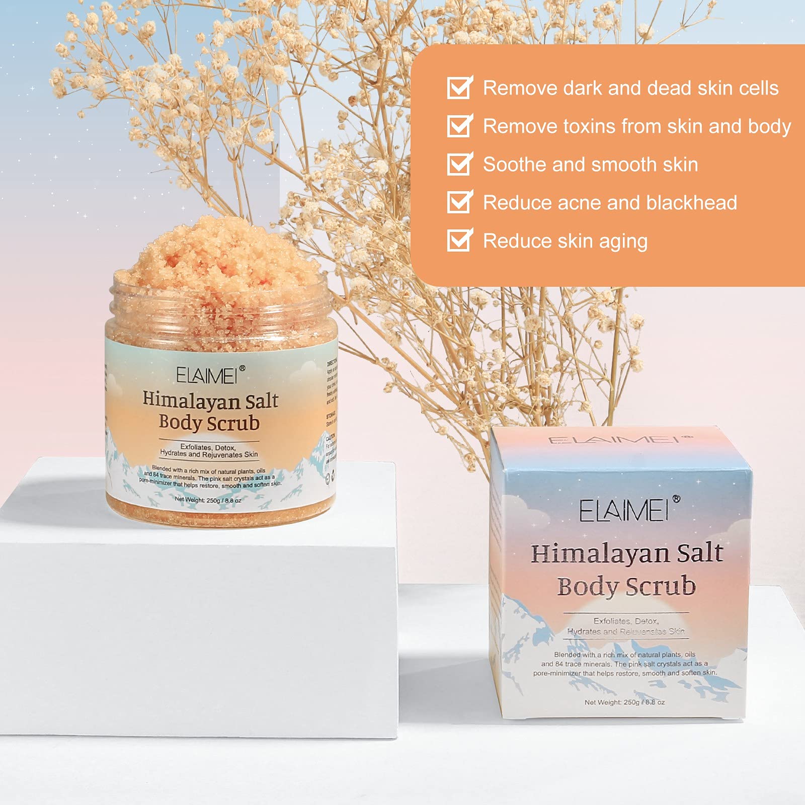 Moulis Himalayan Salt Body Scrub Natural Exfoliating Salt Scrub for Acne, Cellulite, Deep Cleansing, Scars, Wrinkles, Exfoliate and Moisturize Skin Infused with Collagen and Stem Cell