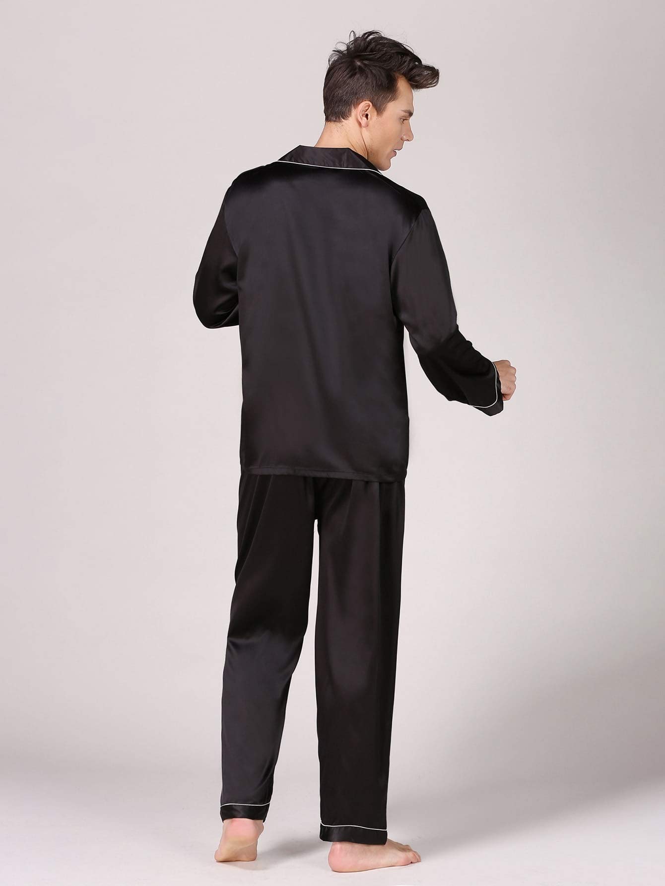 OYOANGLE Men's Long Sleeve Satin Pajama Set Button up Shirt and Pants Loungewear Sleepwear Black L