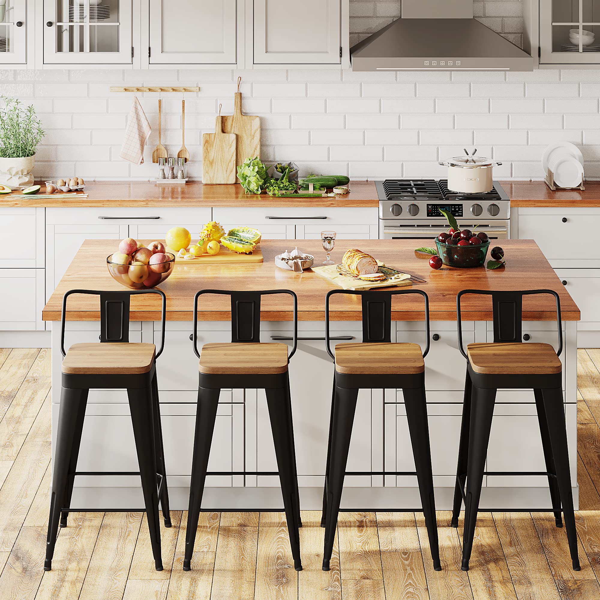 POINTANT Bar Stools Set of 4 Metal Bar Stool Counter Height Bar Stools Black, Modern Bar Chairs with Back and Wooden Seat 30" Bar Stools Counter Height