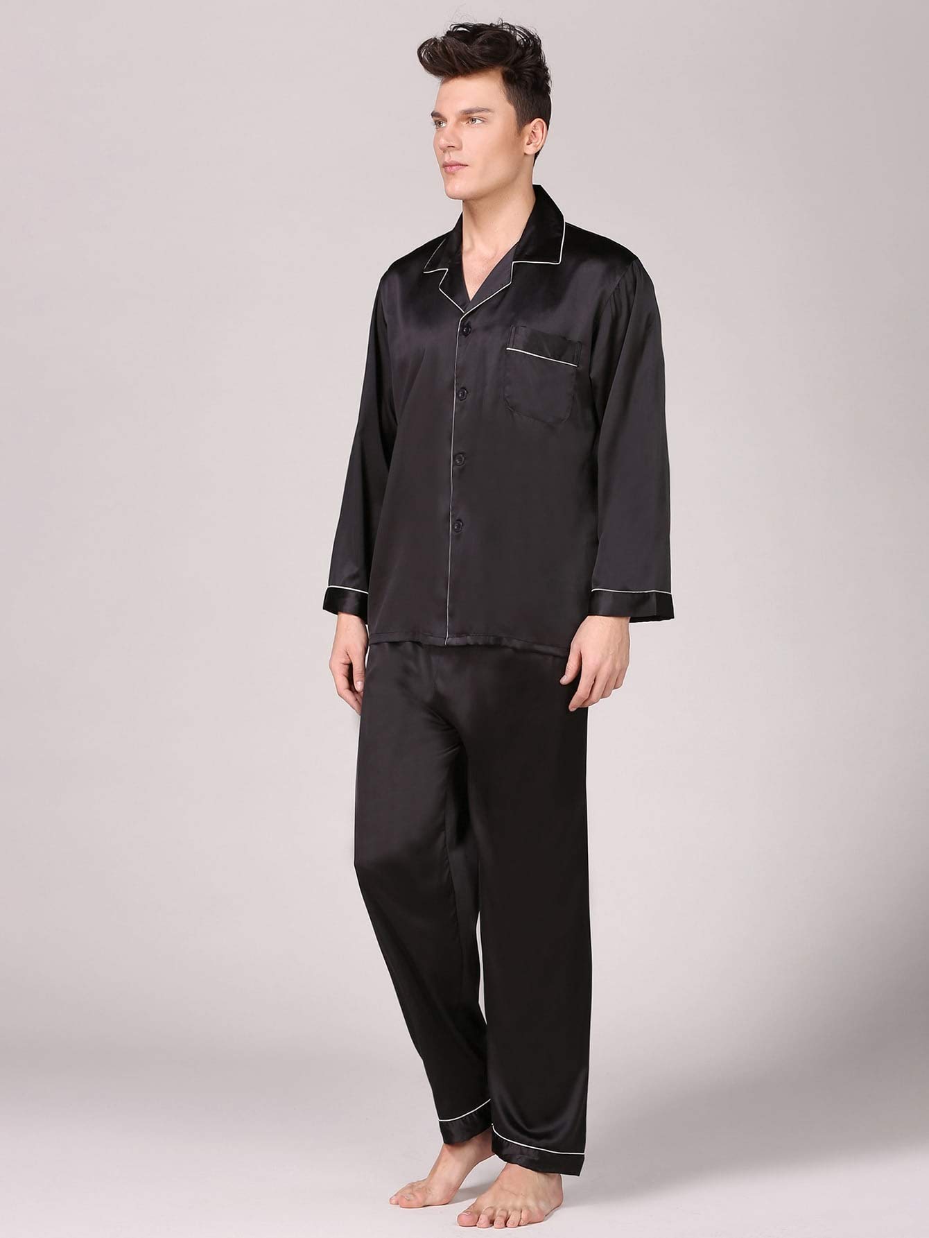 OYOANGLE Men's Long Sleeve Satin Pajama Set Button up Shirt and Pants Loungewear Sleepwear Black L