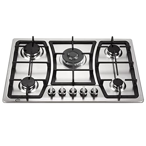 Gas Cooktop 30 Inch 5 Burners Gas Stove Gas Hob Stovetop Stainless Steel Cooktop Cast Iron Grates, Silver (30x 19.7x 4.5 inches)