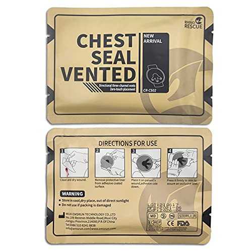 RHINO RESCUE Vent Chest Seal, Emergency Trauma Dressing, First Aid Kit Sterile, Wound Care IFAK Supplies, 2 Count