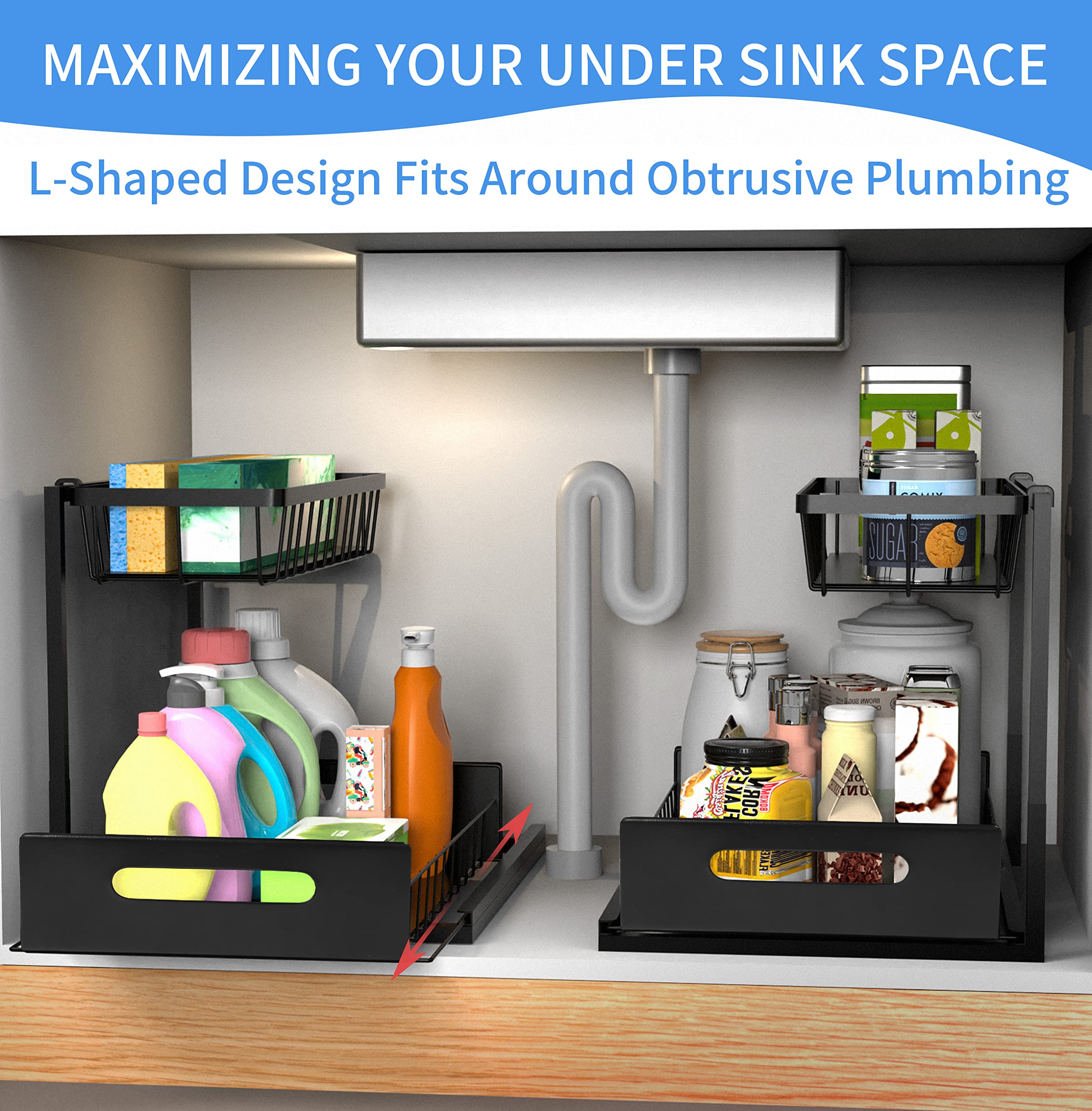 SUTINE Under Sink Organizer, 2 Tier L-Shape Bathroom Organizer Under Sink Organizers and Storage, Sliding Under Cabinet Organizer Storage Shelf for Kitchen Bathroom, Black