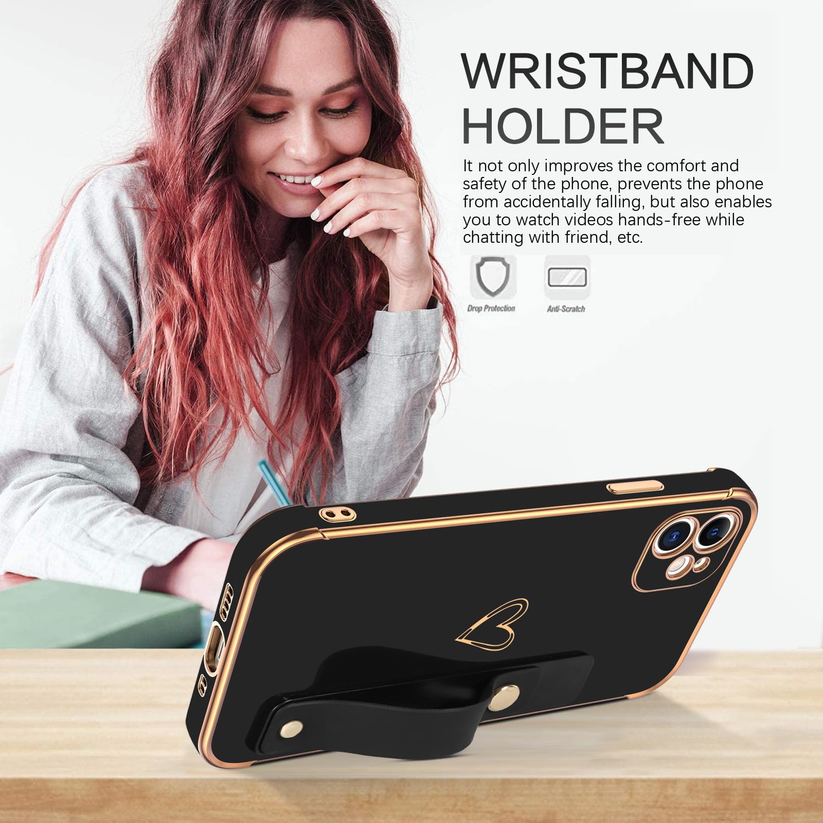 BENTOBEN for iPhone 12 Mini Case, Cute Heart Adjustable Strap Wristband Kickstand Holder Shockproof Protective Soft TPU Luxury Plating Raised Trim Girls Women Phone Case for iPhone 12 Mini, Black