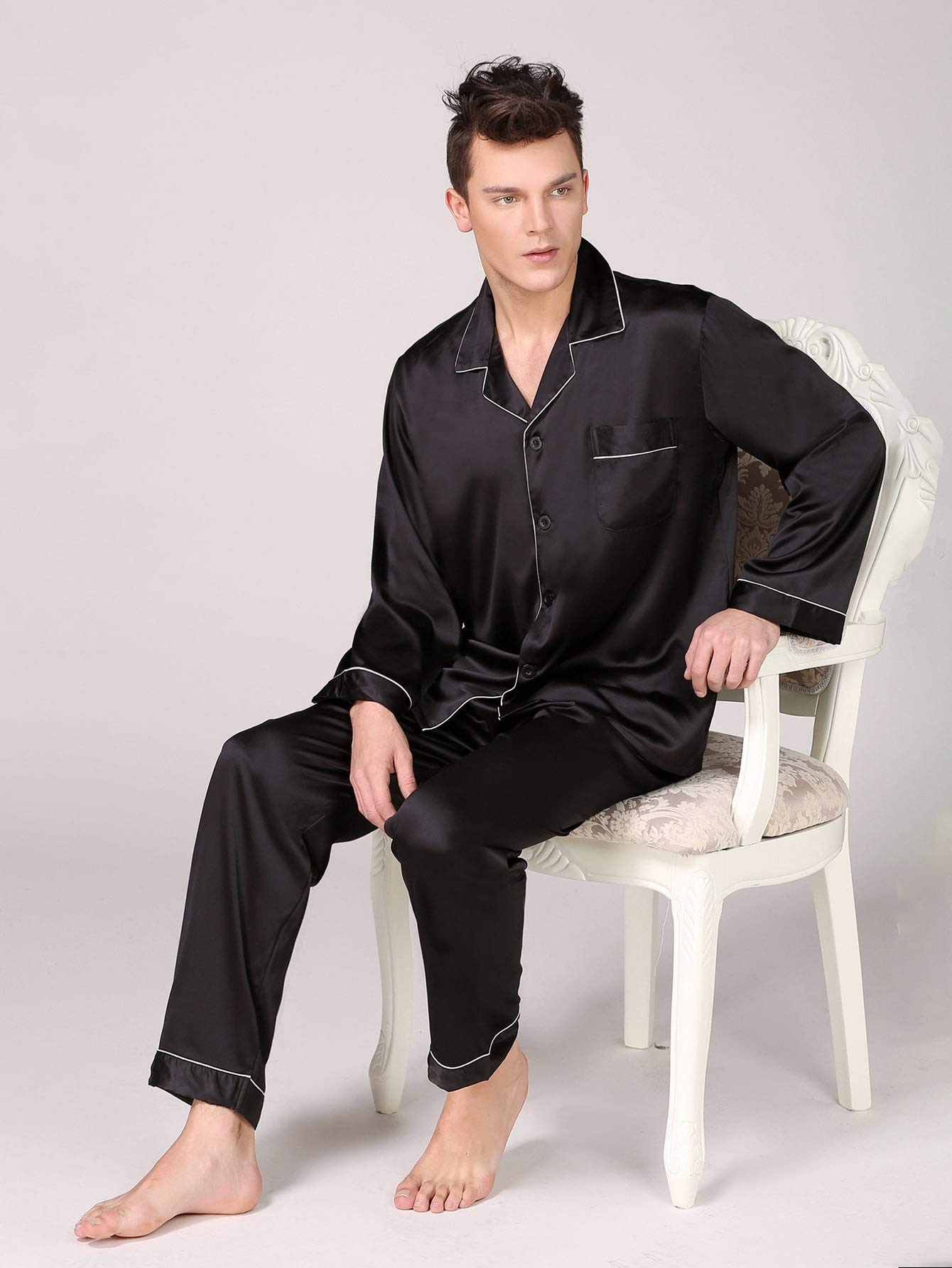 OYOANGLE Men's Long Sleeve Satin Pajama Set Button up Shirt and Pants Loungewear Sleepwear Black L