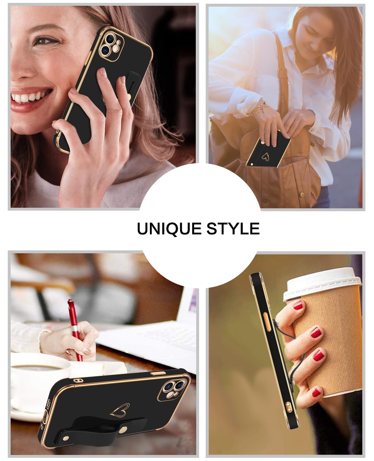 BENTOBEN for iPhone 12 Mini Case, Cute Heart Adjustable Strap Wristband Kickstand Holder Shockproof Protective Soft TPU Luxury Plating Raised Trim Girls Women Phone Case for iPhone 12 Mini, Black