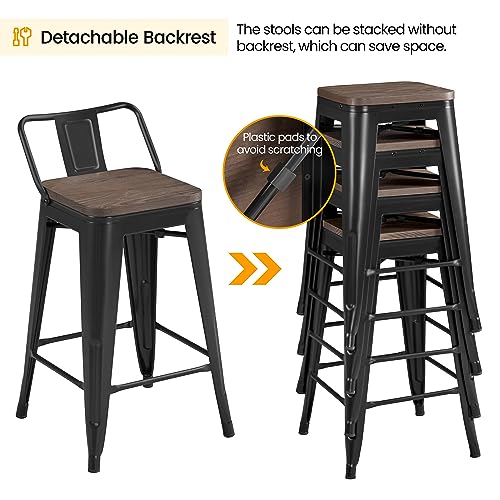 Yaheetech 24'' Metal Bar Stool 4PCS Low Back Conuter Stools for Indoor/Outdoor Barstools w/Wooden Seat Metal Leg Industrial Counter Height Black