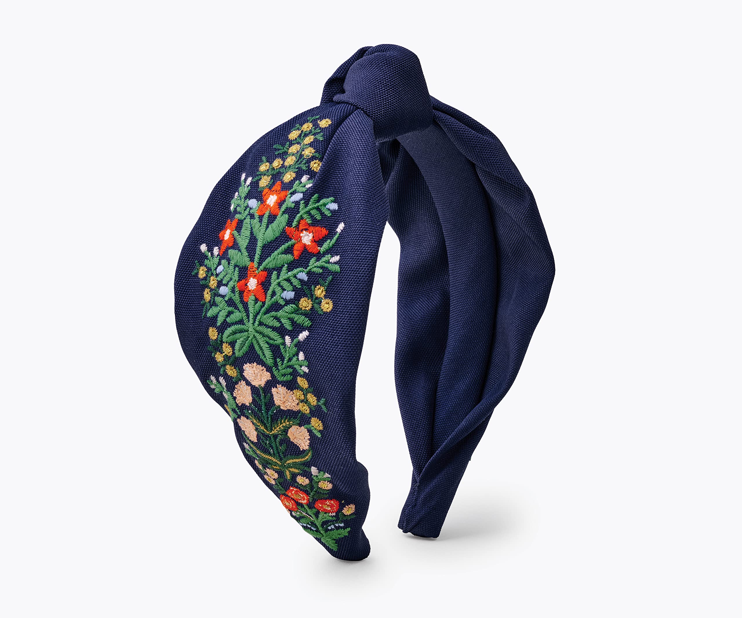 RIFLE PAPER CO. Lottie Navy Embroidered Knotted Fabric Headband | Embroidered Embellishments, Top Off Your Outfit. Covered Plastic Band Durable for Everyday Use (Gift for Mom, Teen, Girl)