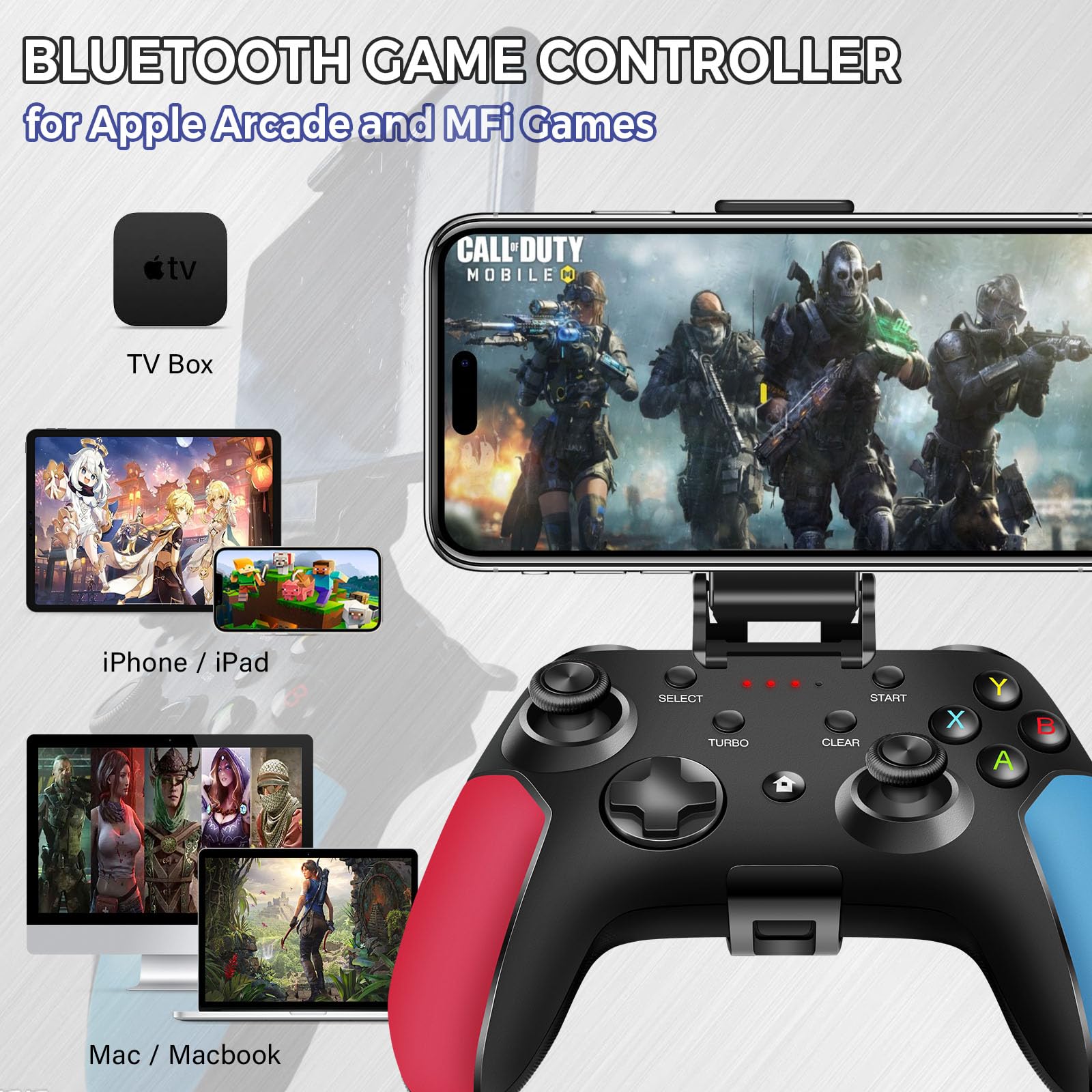 Bluetooth Mobile Game Controller for Android, iPhone, Tablet, TV Box, PC, Tesla, PS3, Switch, Apple Arcade MFi & Cloud Gaming, with Phone Clip/2.4G Wireless/USB-C Adapter/6-Axis Gyro/Vibration/Turbo