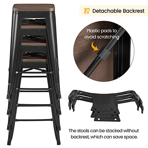 Yaheetech 24'' Metal Bar Stool 4PCS Low Back Conuter Stools for Indoor/Outdoor Barstools w/Wooden Seat Metal Leg Industrial Counter Height Black