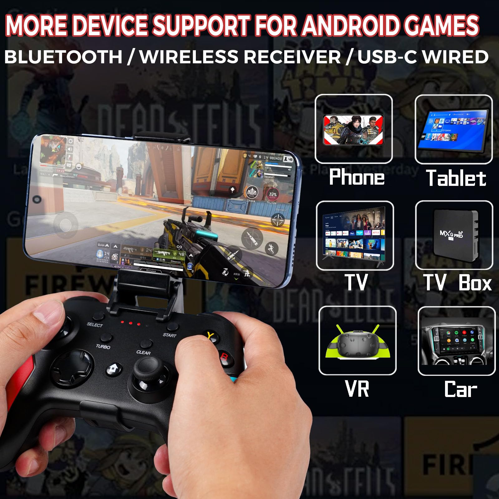 Bluetooth Mobile Game Controller for Android, iPhone, Tablet, TV Box, PC, Tesla, PS3, Switch, Apple Arcade MFi & Cloud Gaming, with Phone Clip/2.4G Wireless/USB-C Adapter/6-Axis Gyro/Vibration/Turbo