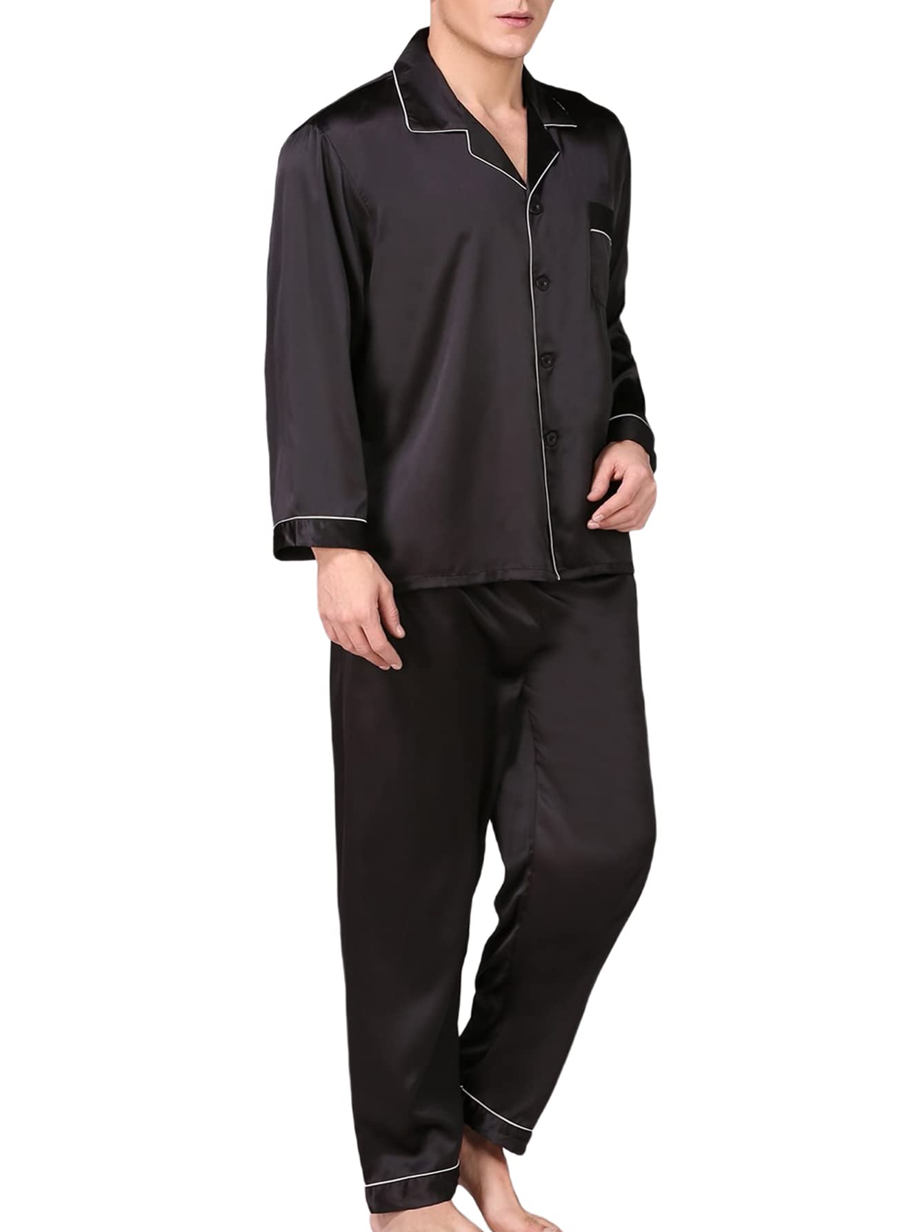 OYOANGLE Men's Long Sleeve Satin Pajama Set Button up Shirt and Pants Loungewear Sleepwear Black L