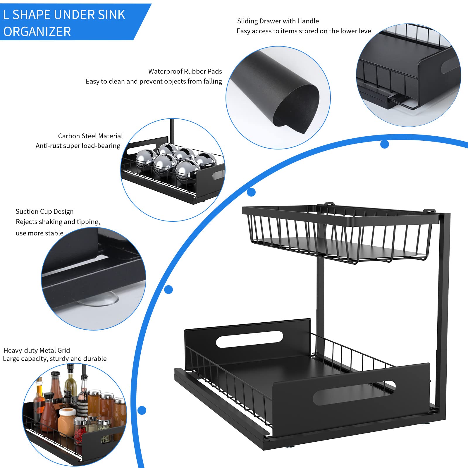 SUTINE Under Sink Organizer, 2 Tier L-Shape Bathroom Organizer Under Sink Organizers and Storage, Sliding Under Cabinet Organizer Storage Shelf for Kitchen Bathroom, Black