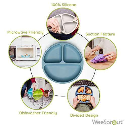 WeeSprout Suction Plates for Babies & Toddlers | 100% Silicone | Plates Stay Put with Suction Feature | Divided Design | Microwave & Dishwasher Safe | 3 Pack