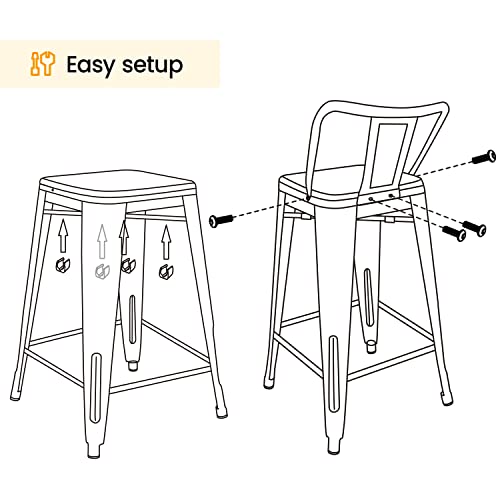 Yaheetech 24'' Metal Bar Stool 4PCS Low Back Conuter Stools for Indoor/Outdoor Barstools w/Wooden Seat Metal Leg Industrial Counter Height Black