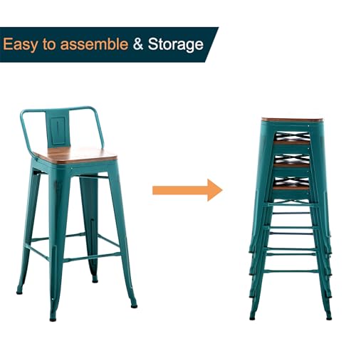 Alunaune 26" Metal Bar Stools Set of 4 Industrial Counter Height Barstools Kitchen Counter Stool Modern Wood Seat-Distressed Teal