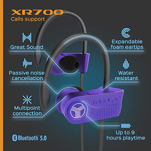 TREBLAB XR700 Wireless Sports Earbuds - Custom Adjustable Earhooks, PRO Running Bluetooth 5.0 Headphones for Athletes. IPX7 Waterproof, Sweatproof, in-Ear Headset, Noise Cancelling Earphones (Purple)
