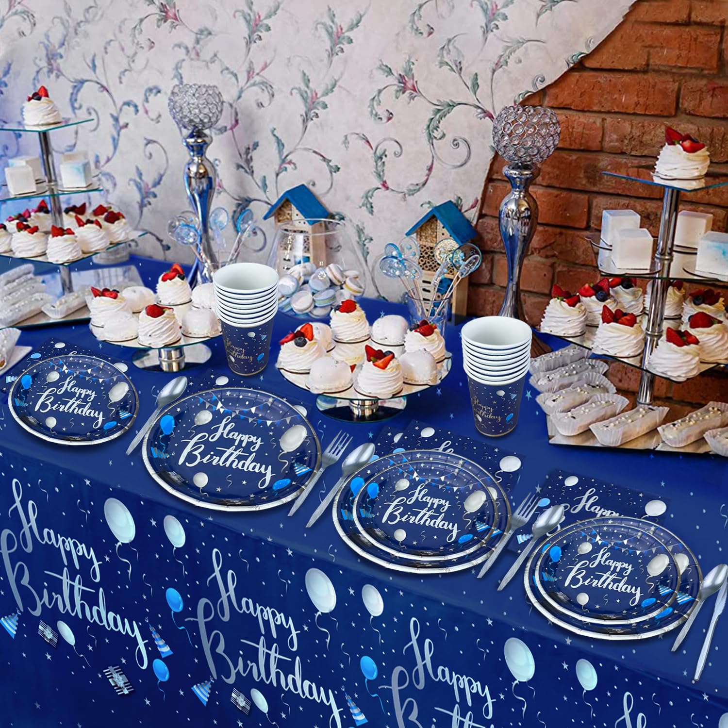 Navy Blue Birthday Party Decorations with Silver Stamped Tableware Set includes; Starry Theme Tablecloth, 9" and 7" Plates, Cups, Napkins, Utensils and Happy Birthday Banner -24 Guest