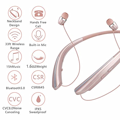 Retractable Bluetooth Headphones Neckband, Wireless Headsets Stereo Earbuds Earphone Noise Canceling with Mic Compatible with iPhone,Samsung,Android,iPad,PC